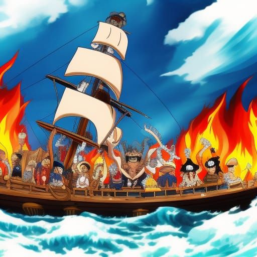 one piece pirate on a boat with a huge crew behind him and travelling ...