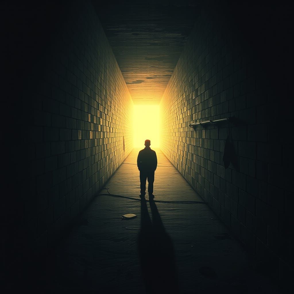 Golden Light at the End of a Haunting Cinderblock ... - AI Art
