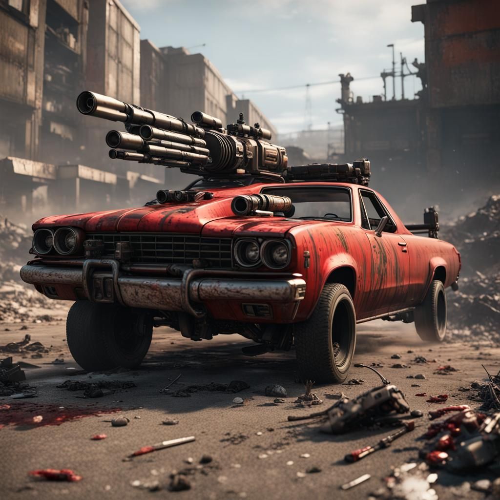 Post apocalyptic red el Camino, minigun attached to it's back, shooting ...