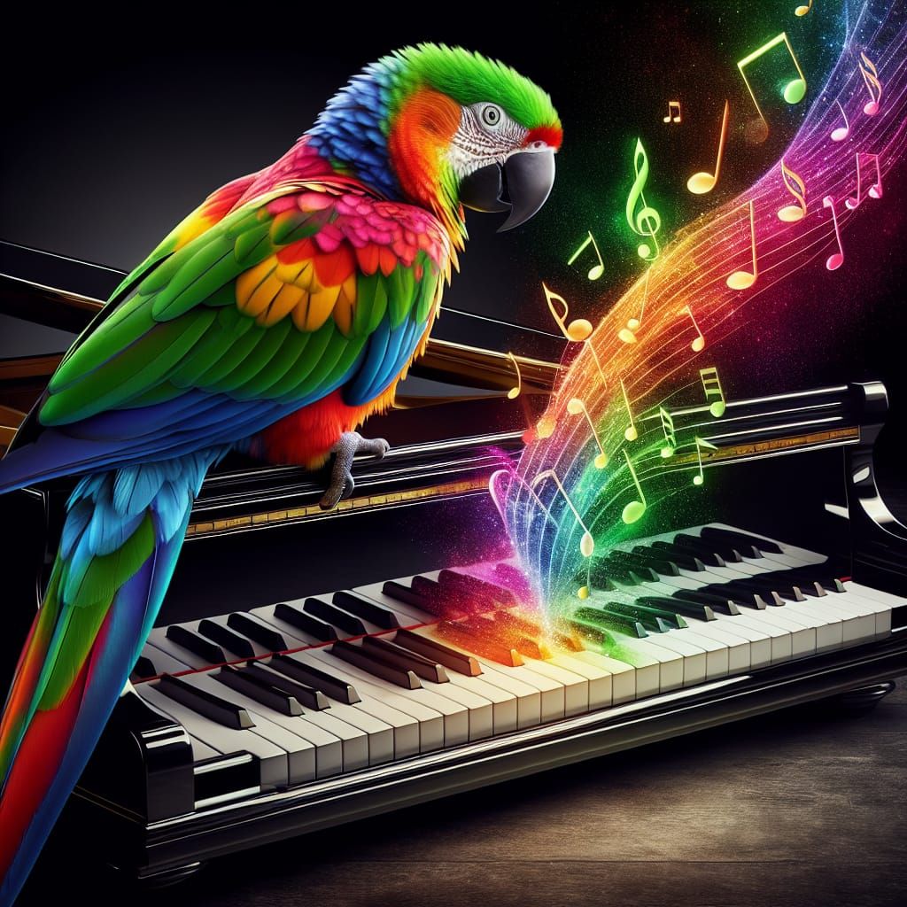 a parrot plays on a piano, sounds in the form of musical notes