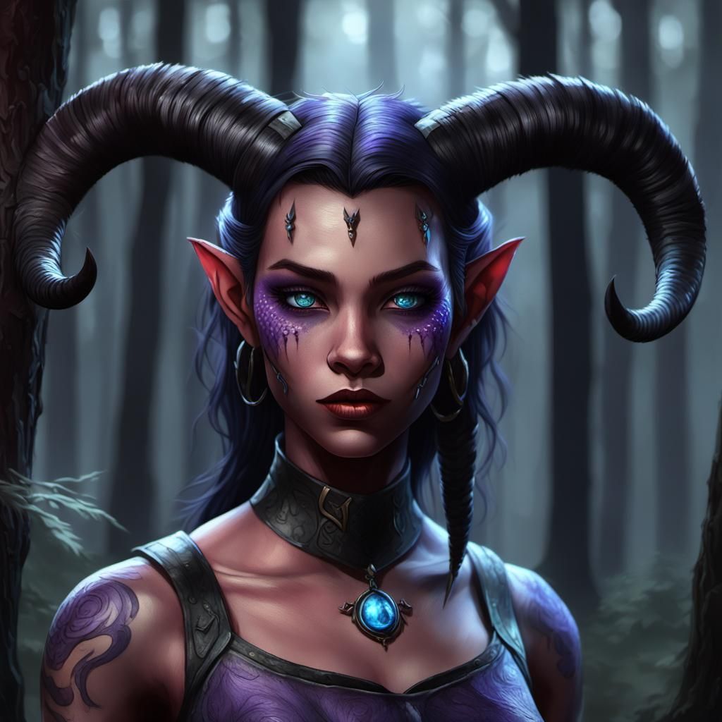 Tiefling, purple skin, black horns, scaley skin, pretty female, long ...