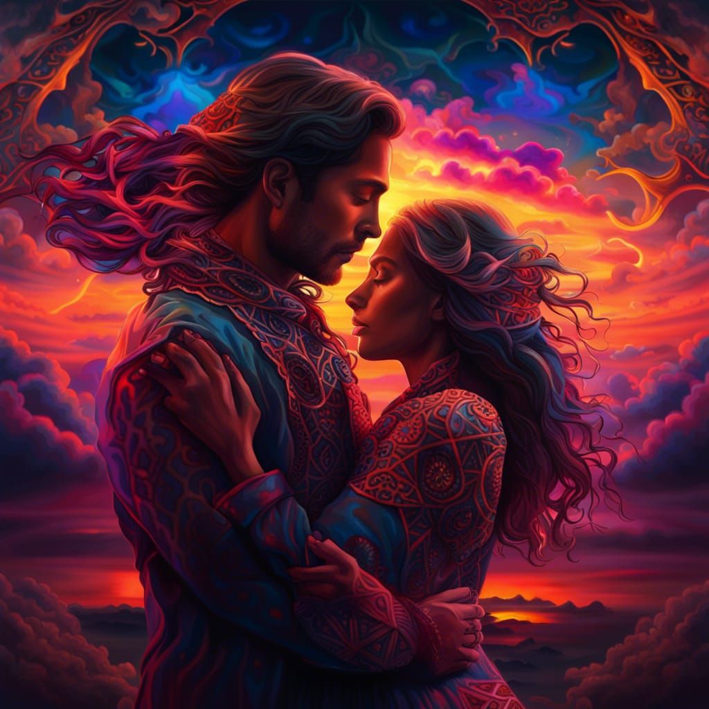 Lovers Entwined Forever Under A Glorious Sunset Sky Adorned With A Kaleidoscope Colors Across ...