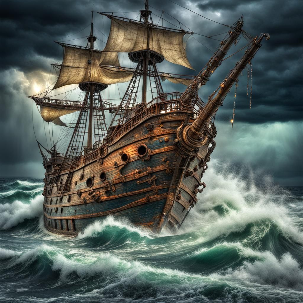 A decrepit pirate ship caught in a storm at sea, wind, lightning, waves ...