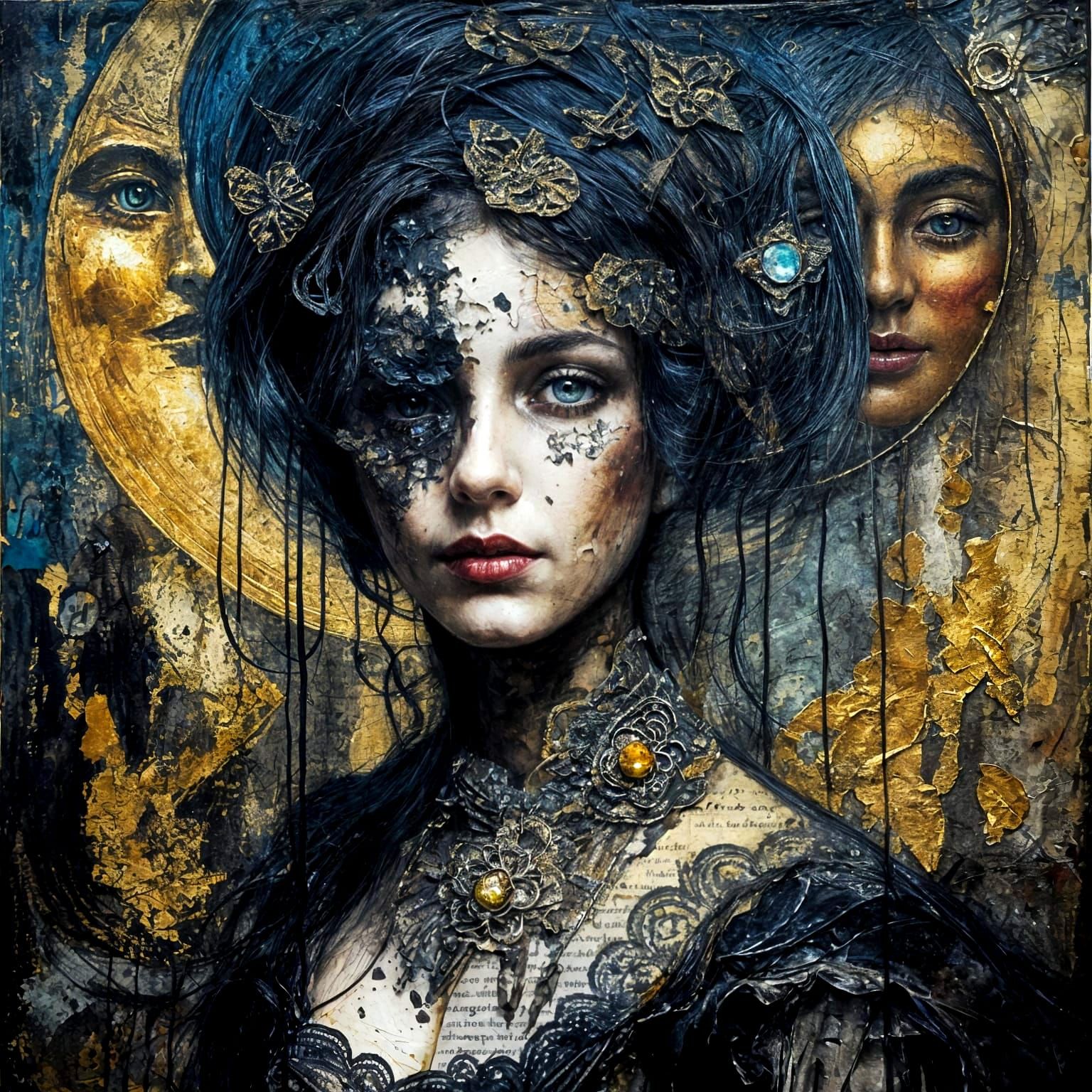 Collage Moon girl - Mysterious Collage Goddess in Oil and Mi...