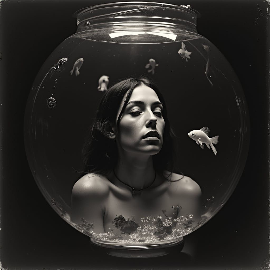 surreal (photorealistic)of a goth woman, swimming in black Emo fish ...