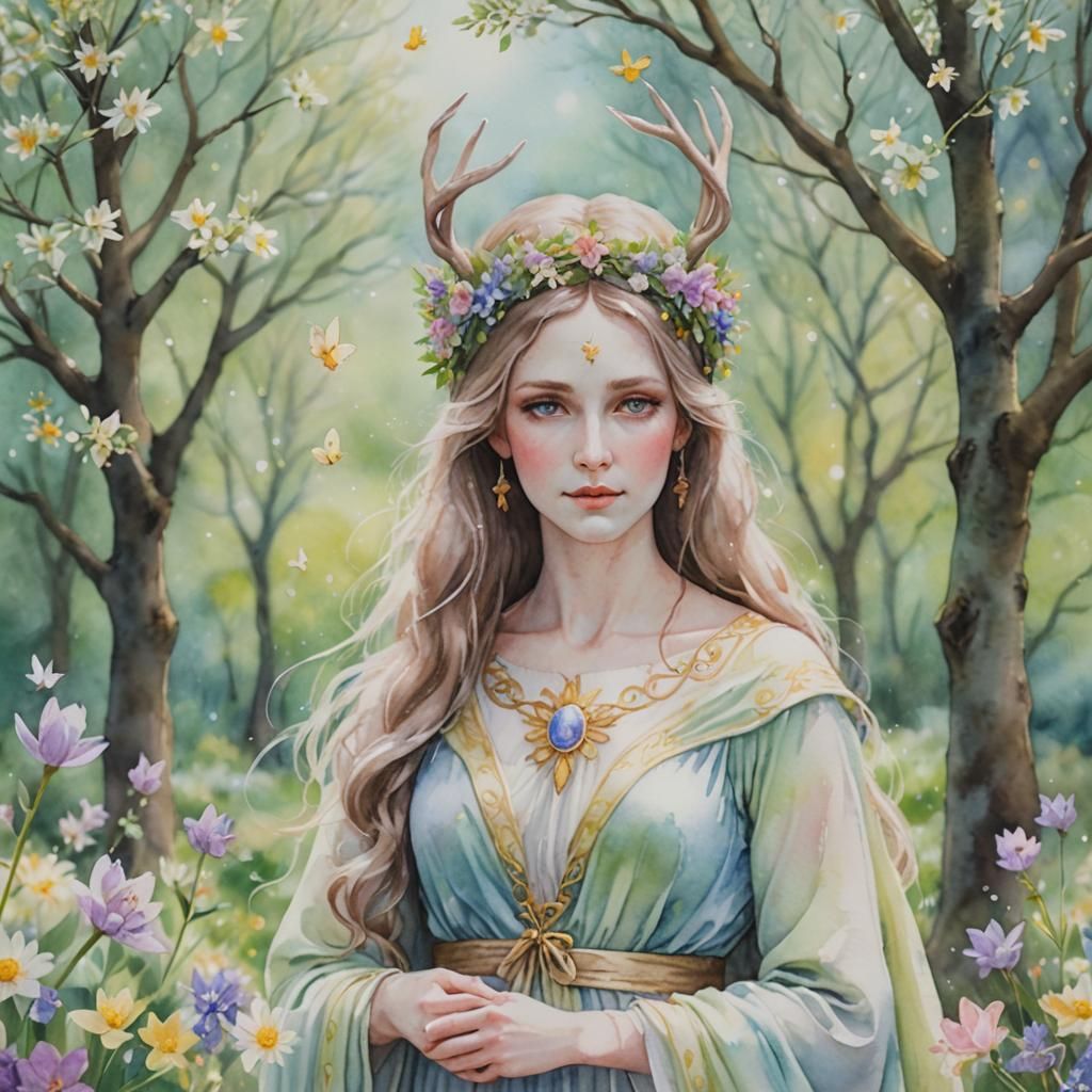 Ostara, goddess of spring, watercolour, soft pastel colours - AI ...