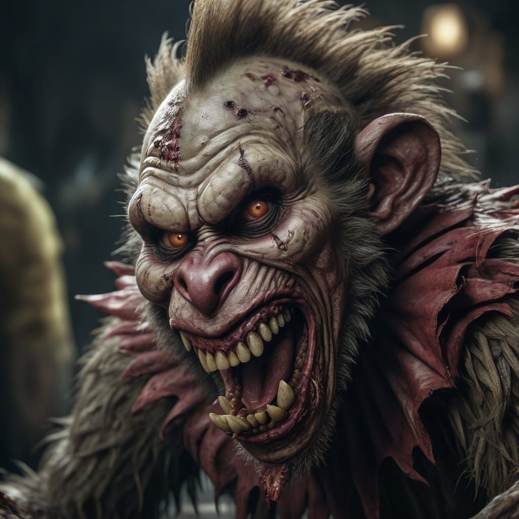 Hyperrealistic Zombie Clown Monkey Grinning - AI Art