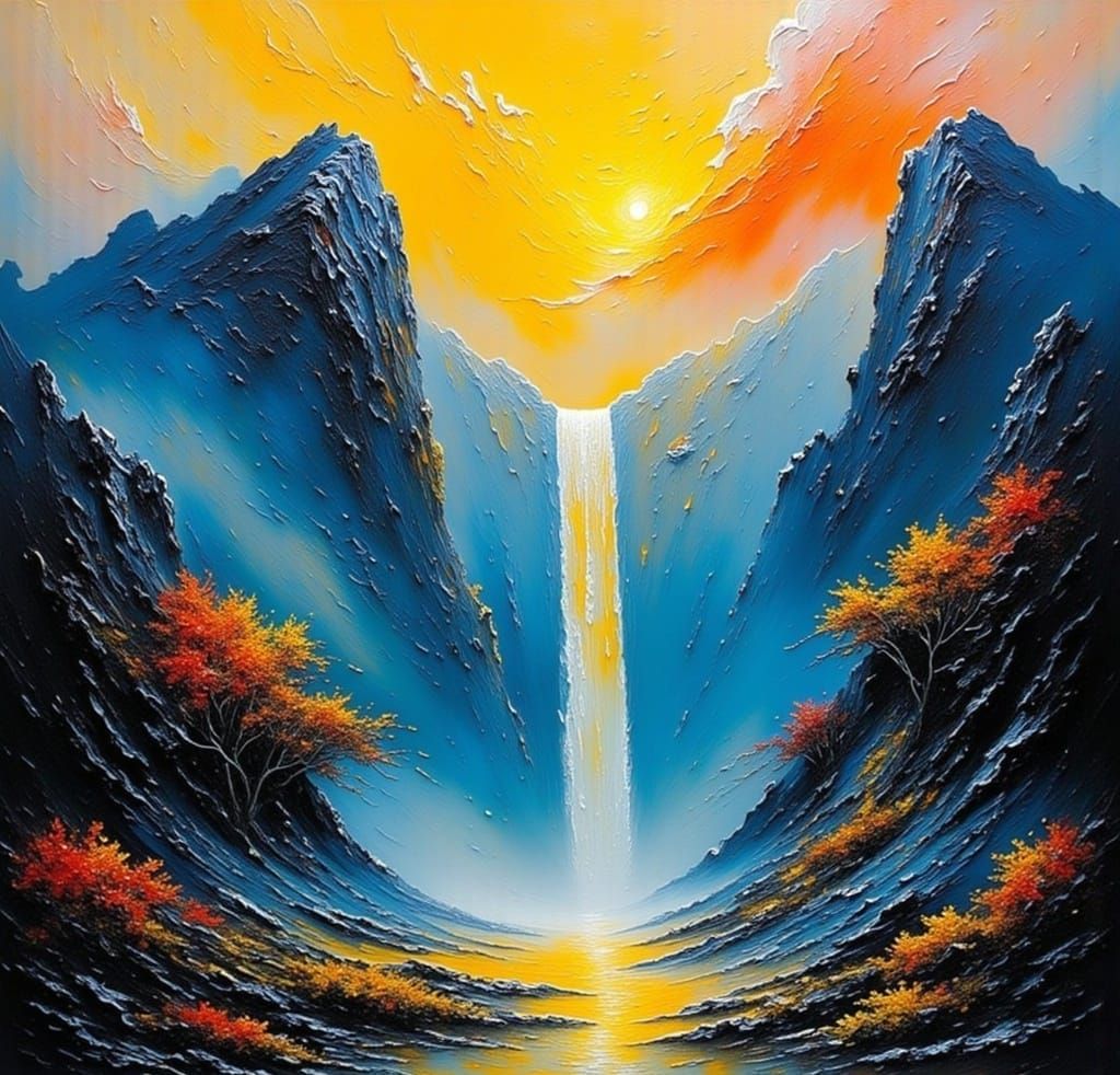 Impasto Sunset Waterfall Scene - AI Art