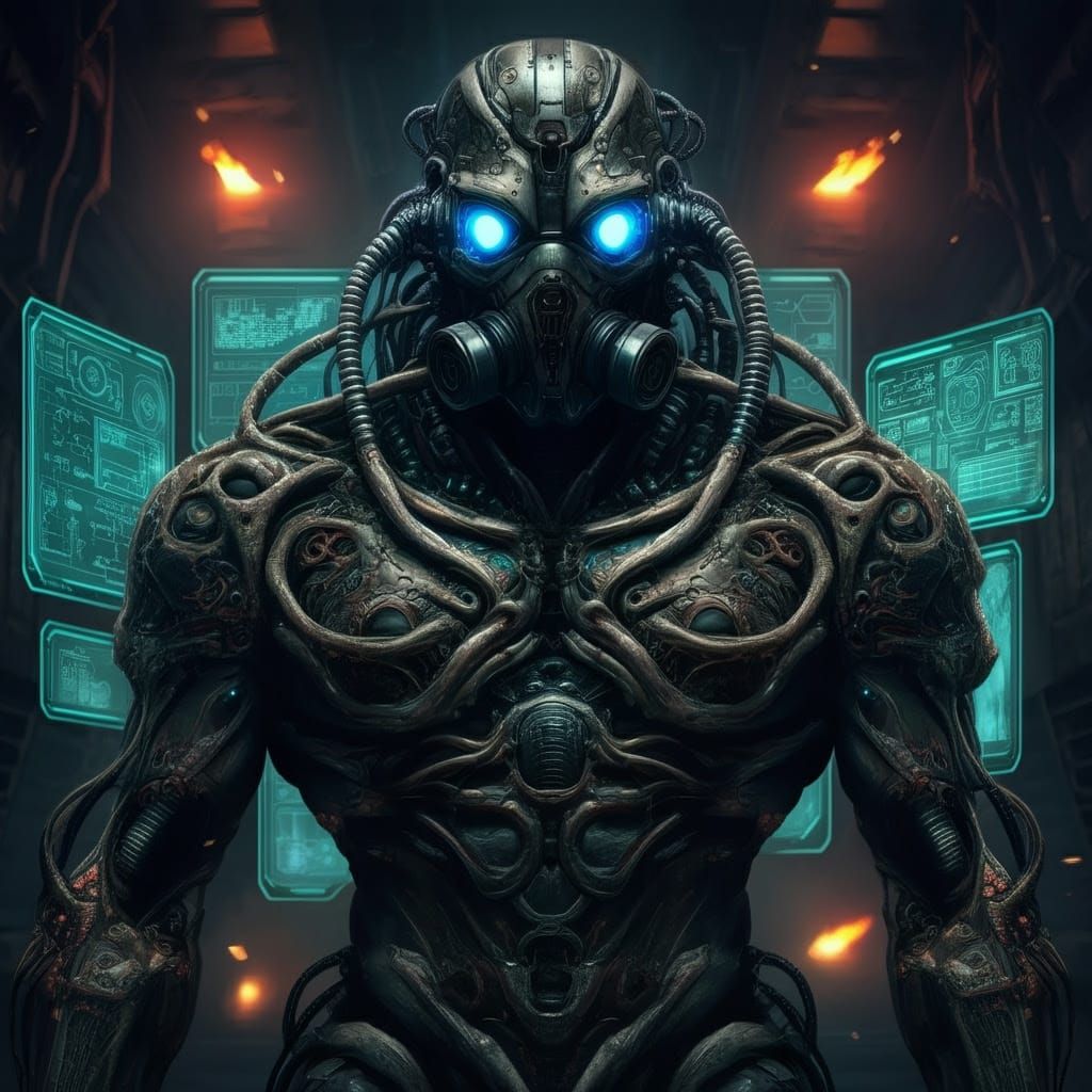 Cybernetic Warrior in High-Tech Lair - AI Art