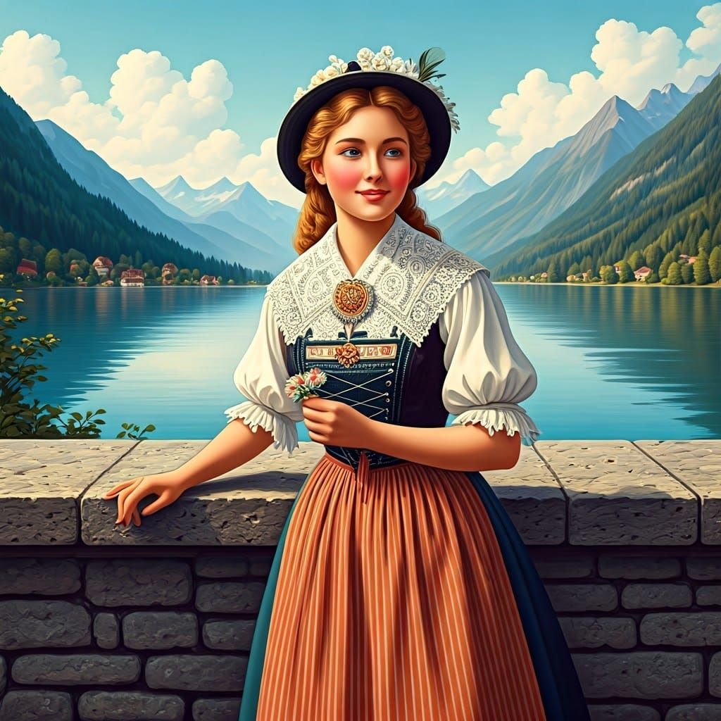 Swiss Woman - Rustic Swiss Maiden in Whimsical Folk Art Styl...