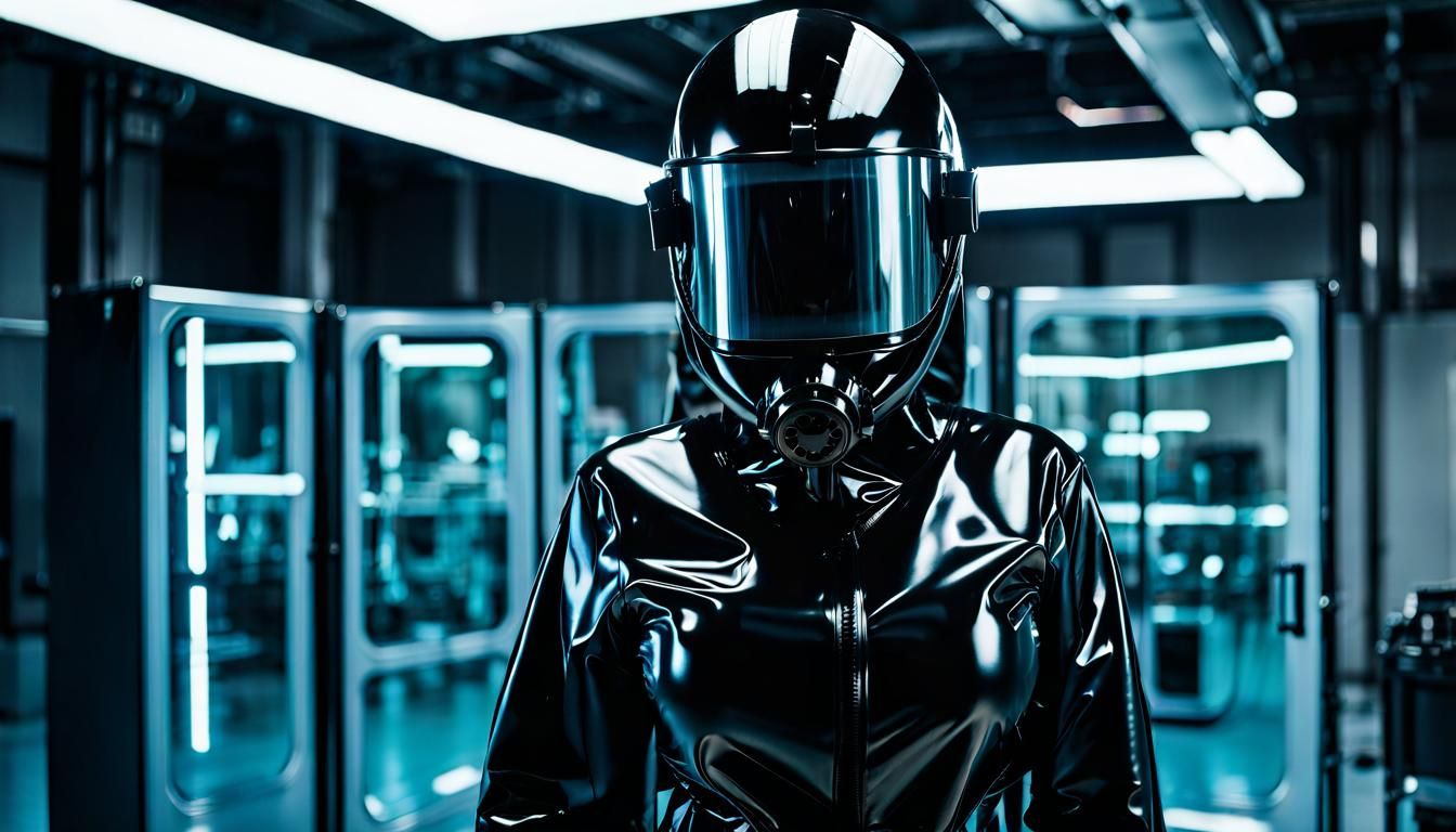 futuristic young woman totally enclosed in a futuristic reflective ...