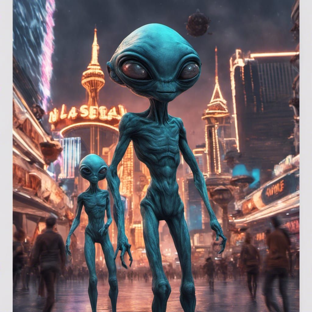 Cute Skinny green aliens with big heads and large eyes walking down the ...