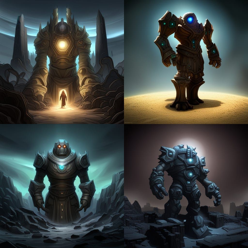a towering stone golem, glowing eyes with a otherworldly light, as a ...