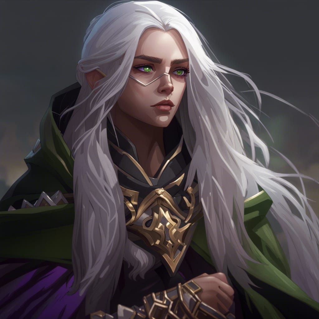 Dnd character, sad serious girl, white long hair, warrior, bandages ...