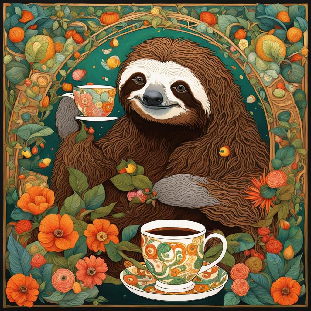 Sloth drinking tea - AI Generated Artwork - NightCafe Creator