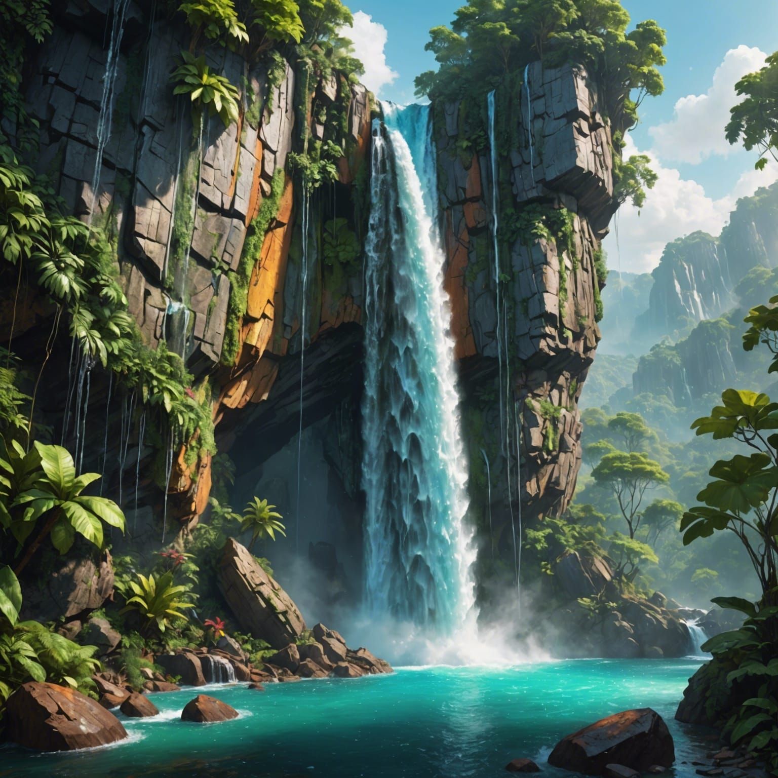 a high rocky jungle waterfall - AI Generated Artwork - NightCafe Creator
