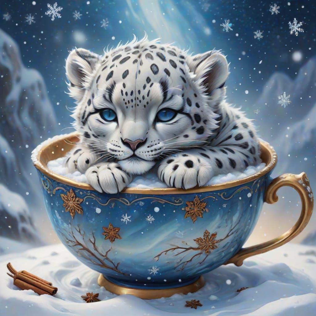 Cute Snow Leopard Cub in Teacup - Whimsical Snow Leopard Cub...