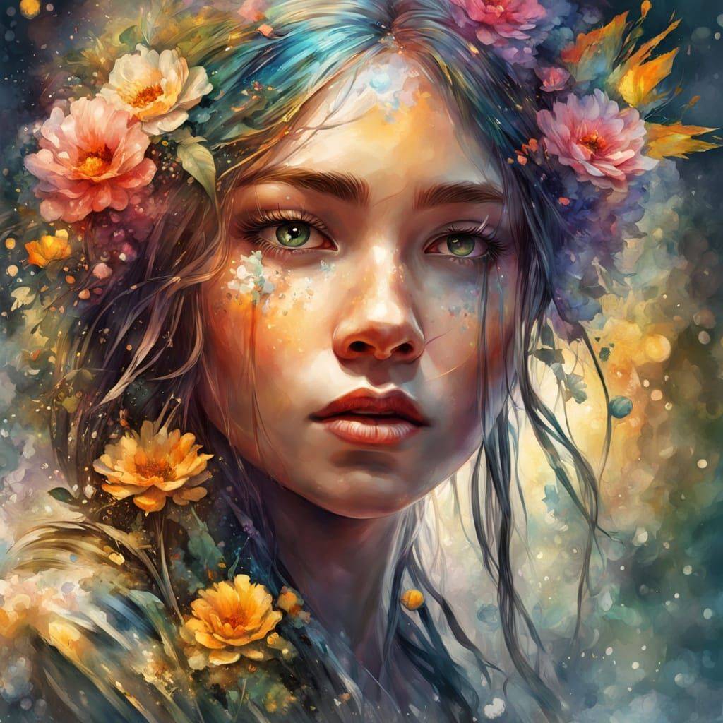 Golden Maiden with Grass Hair in Vibrant Blooming ... - AI Art