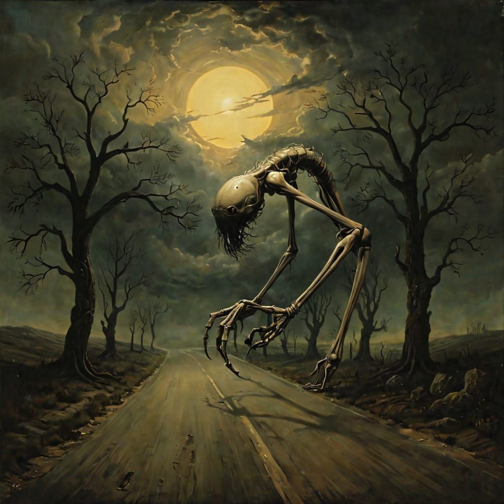 A twisted, elongated creature with spindly, arachnid limbs and bulging ...