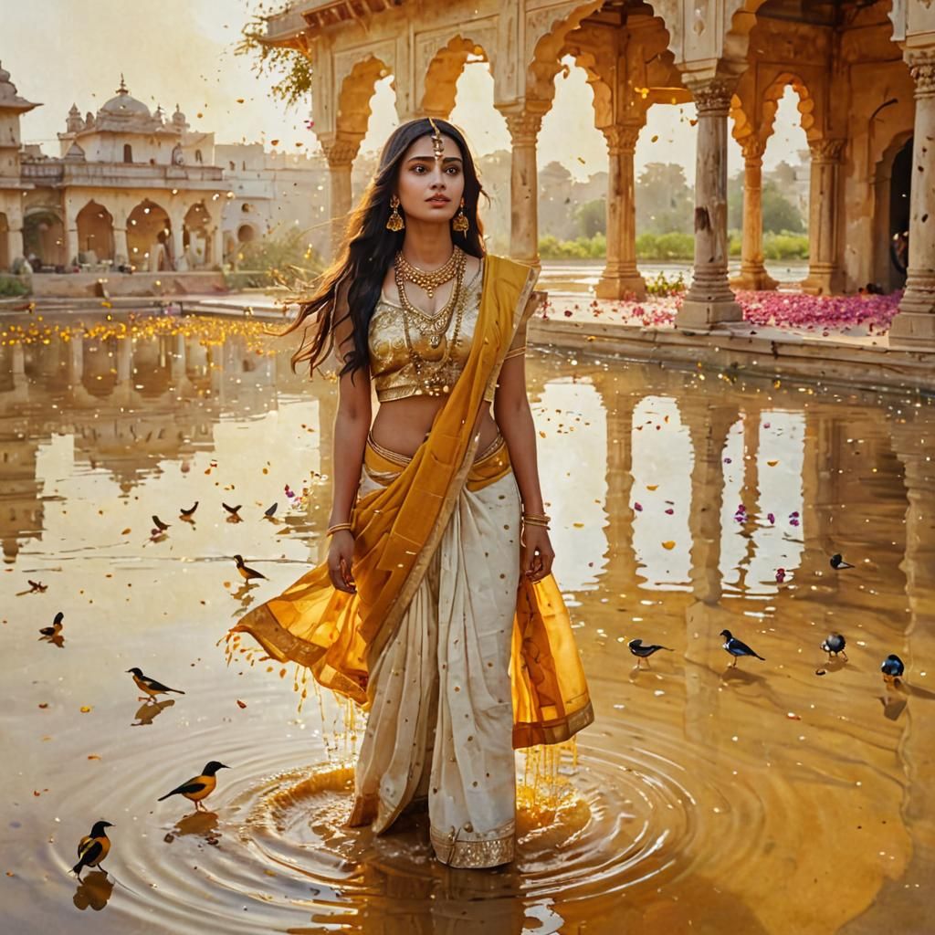 Indian woman amidst avian splendor - Indian Goddess Amidst V...