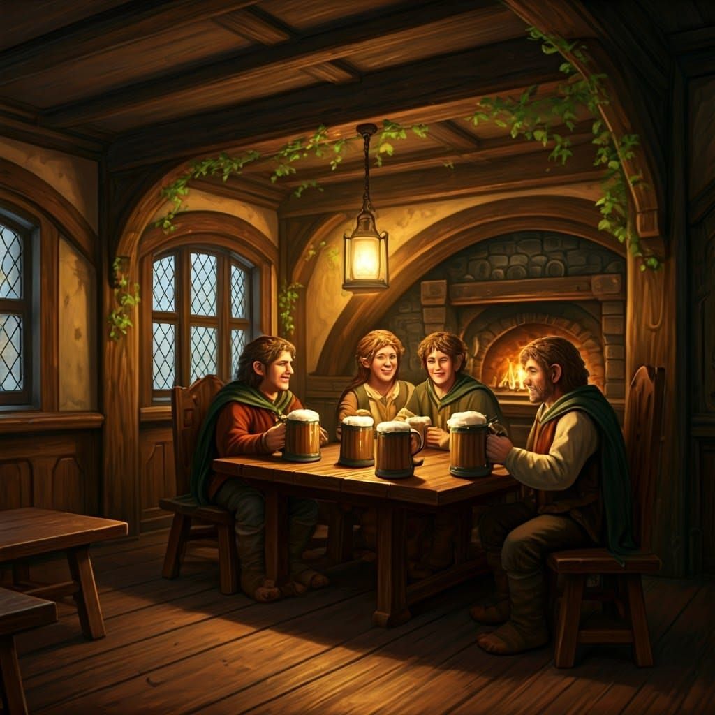 Warm Hobbit Pub in Rich Woodland Setting - AI Art