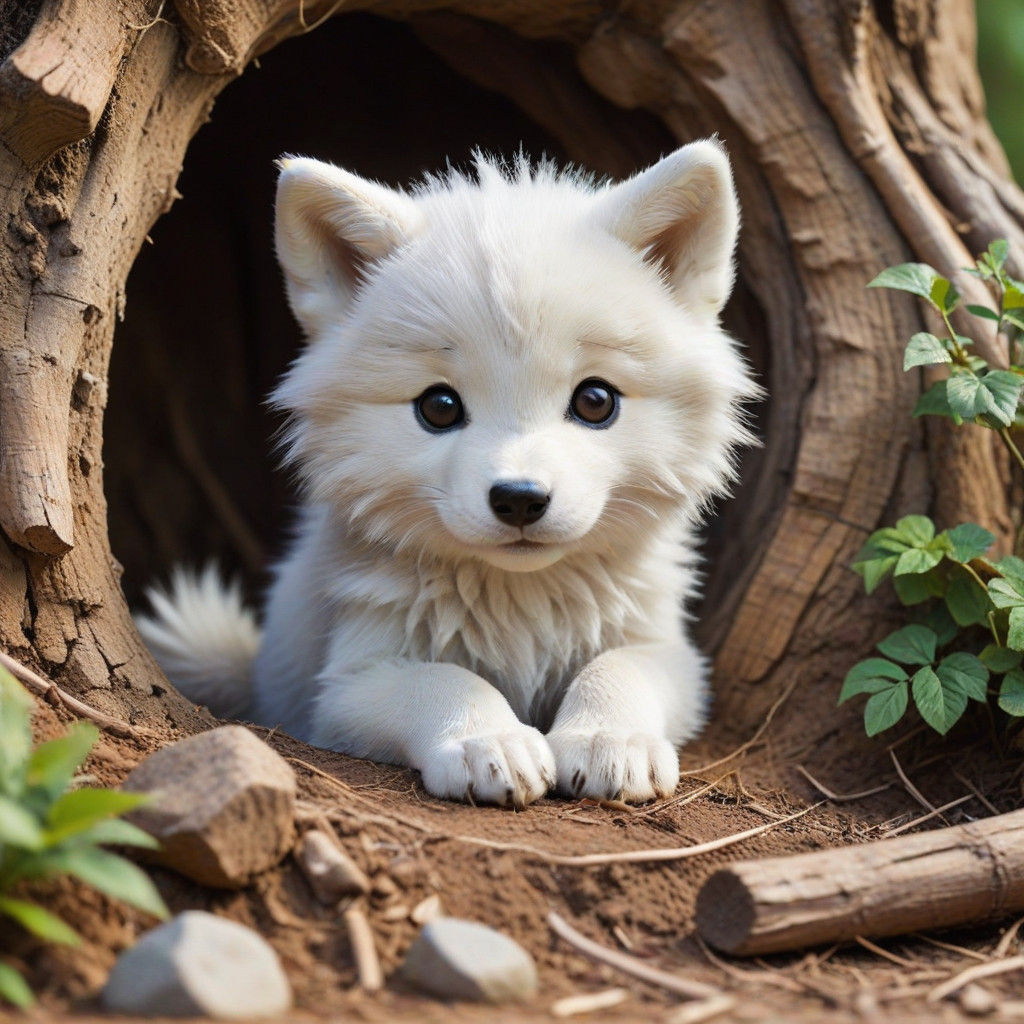 Adorable Chibi Wolf Cub in a Cozy Den - AI Art