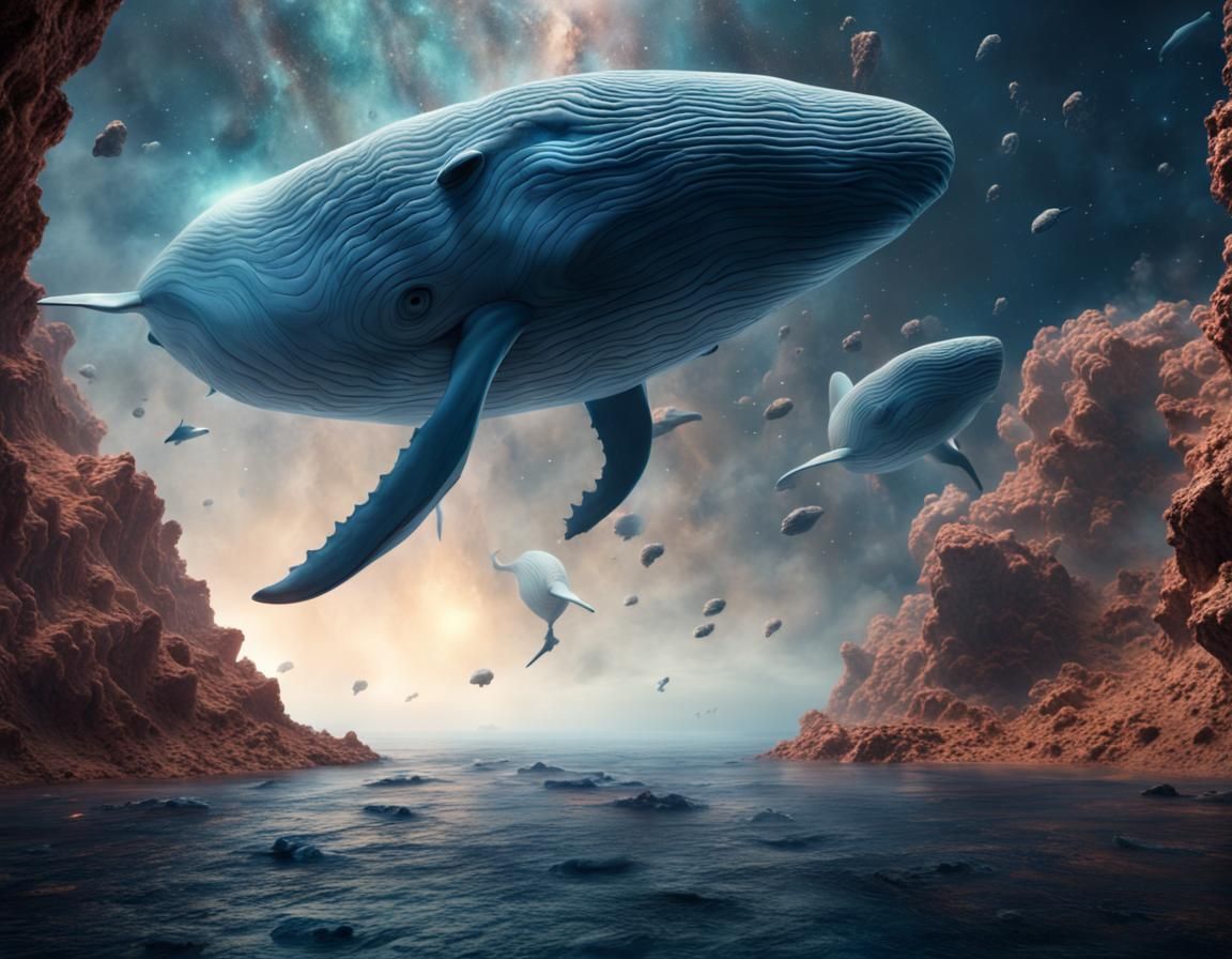 a pod of blue whales swims through an asteroid cluster in outer space ...