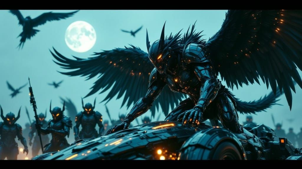a dramatic scene featuring a large, menacing cyber-angel werewolf with ...