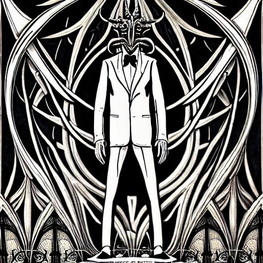 Satan wearing a white tuxedo, standing in a field of ganja ...