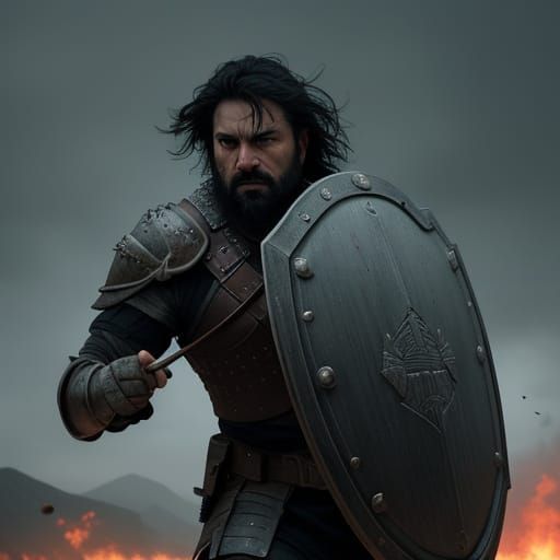 Shields - Battle-Weary Warrior Grasps Weathered Shield in a ...