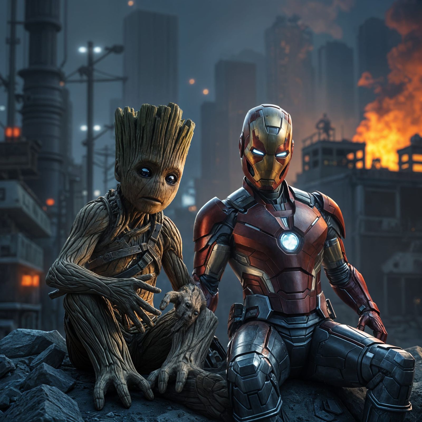 Groot and Iron Man in Stark Industry Chill - AI Art