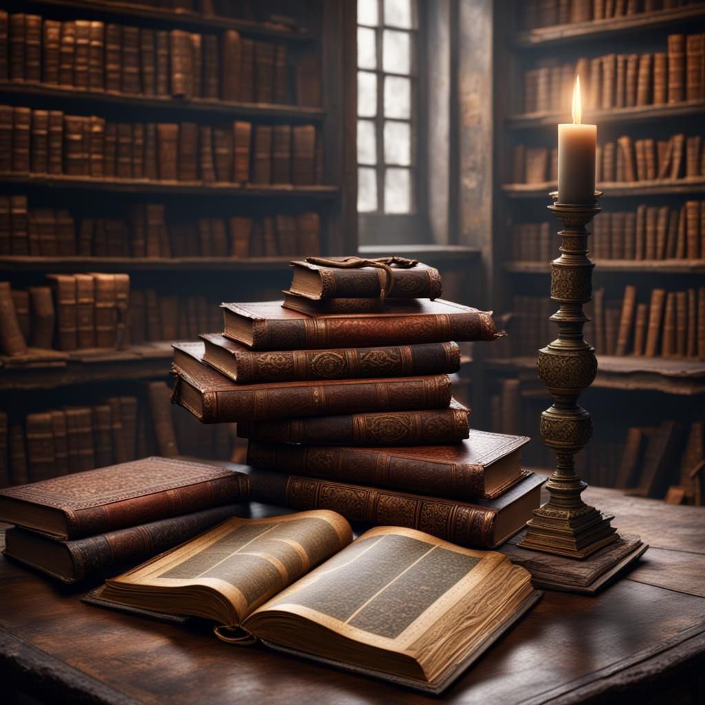 ancient books placed on a table - AI Generated Artwork - NightCafe Creator