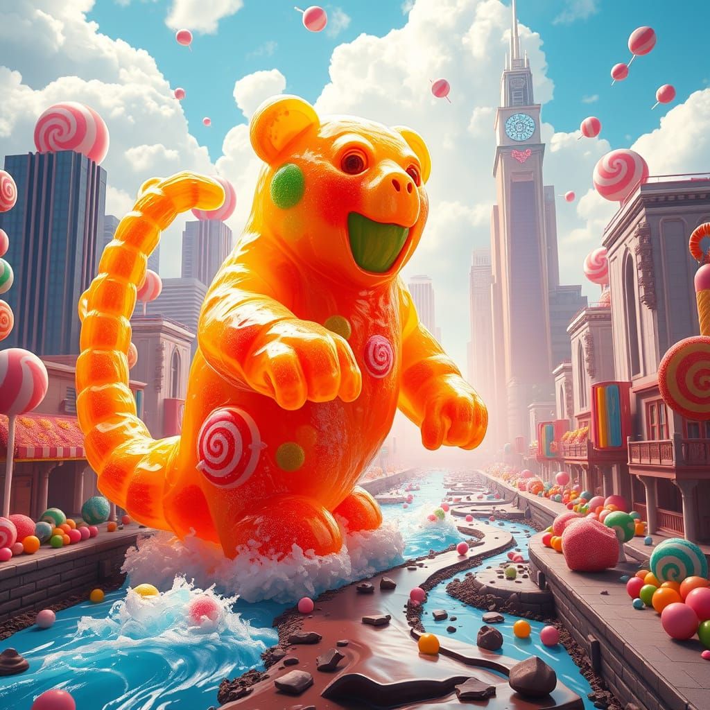 Gummy Bear Kaiju Rampage in Candy City - AI Art