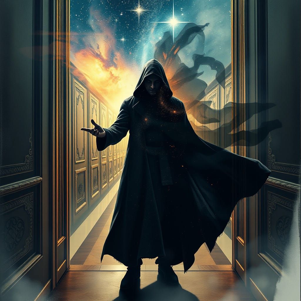 dark coat reveals an endless, labyrinthine corridor