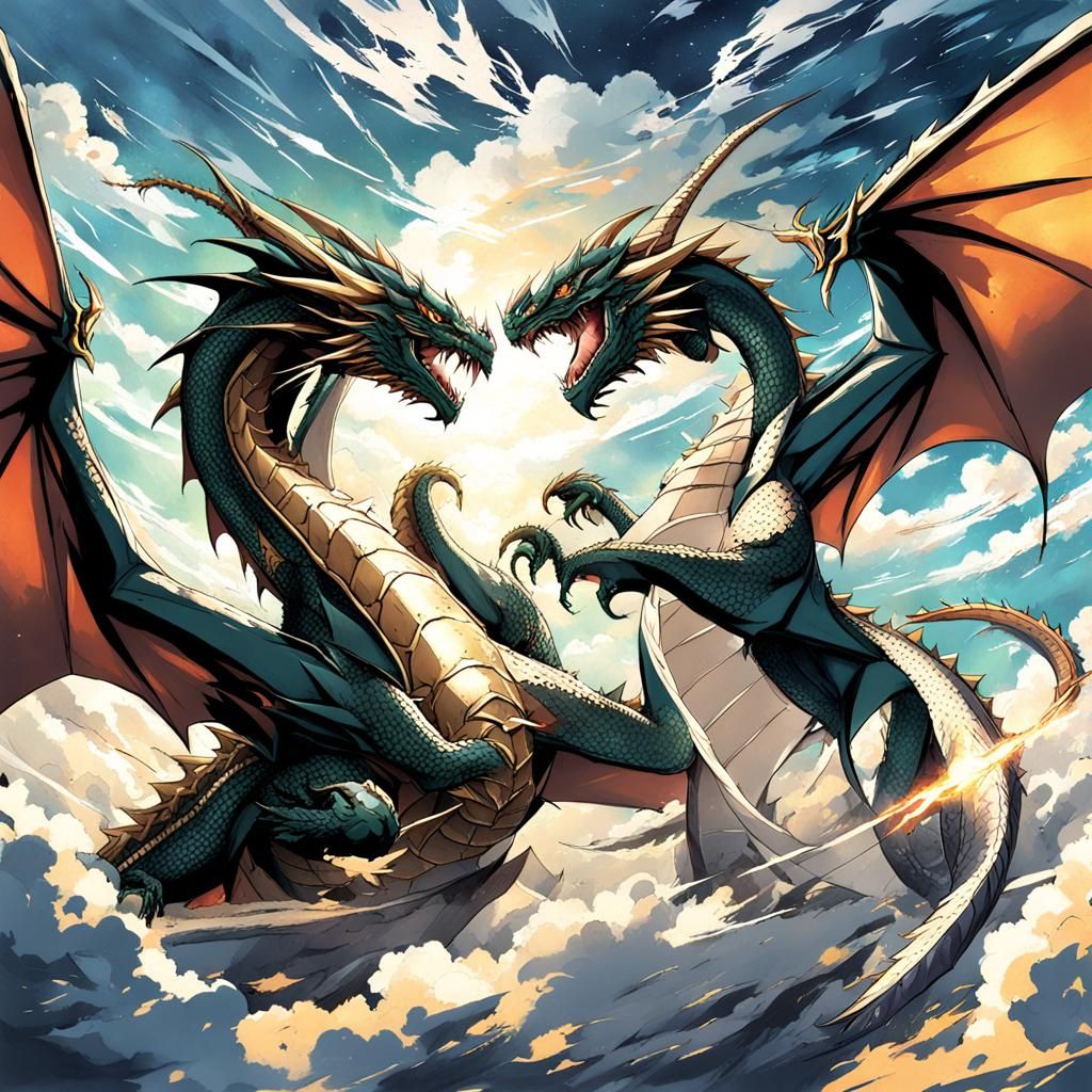 Two dragons fighting in the sky - AI Generated Artwork - NightCafe Creator