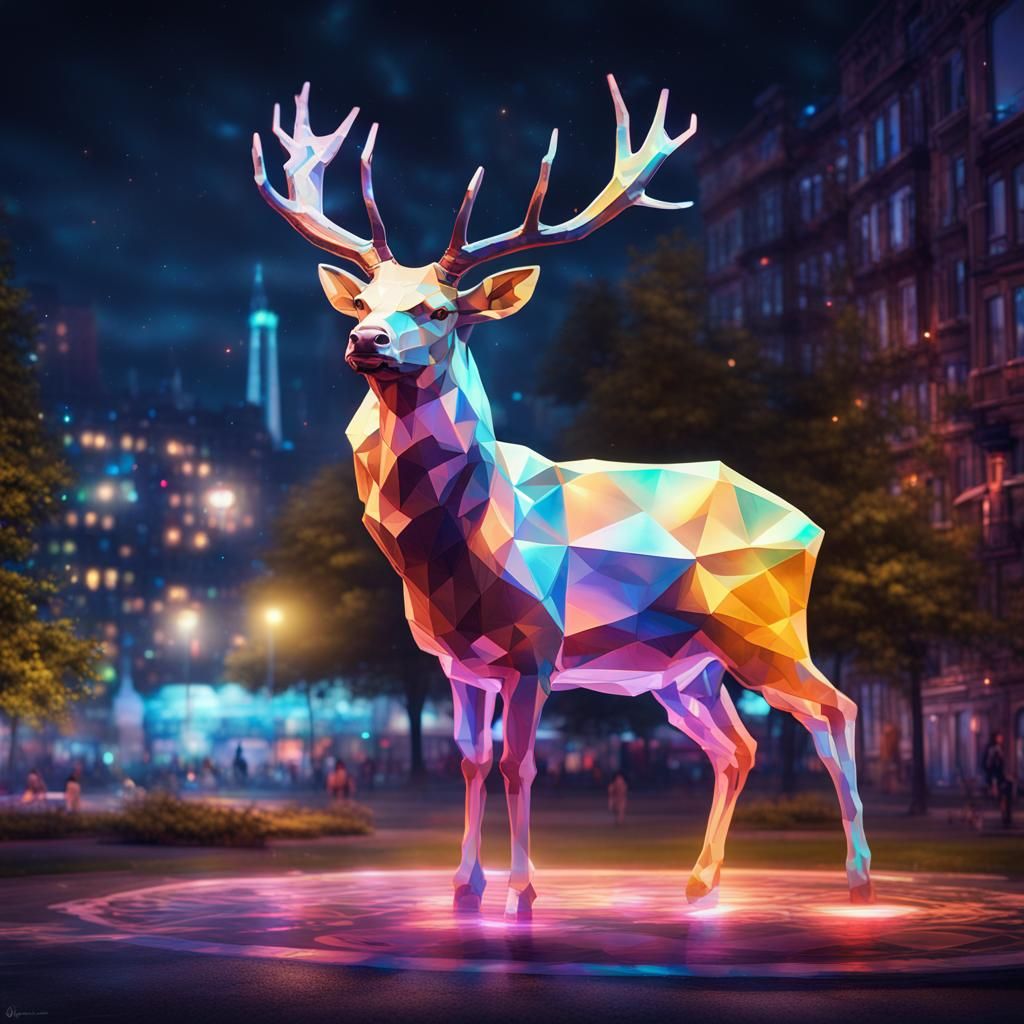 Epic hologram of epic low poly stag created from sparkling floating ...