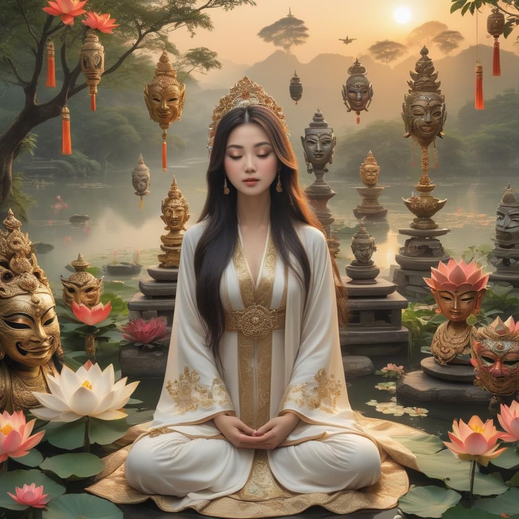 A woman meditating peacefully, surrounded by a myriad of intricate ...