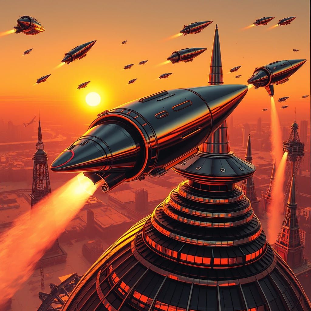 rocket transport - Retro Futuristic Rockets and UFOs in Neon...