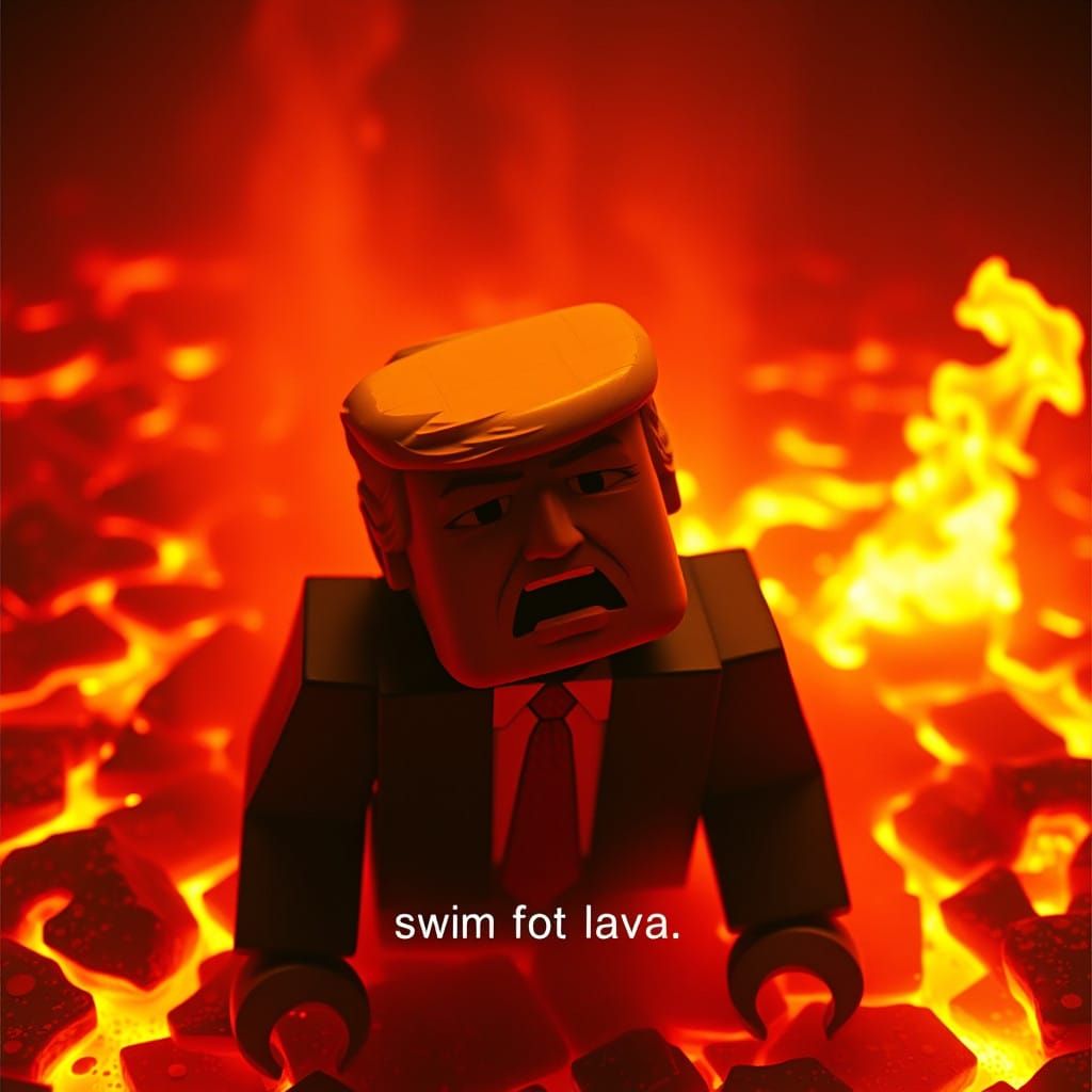 An image of Donald Trump in Minecraft he is burning in lava small white text overlaid read ...