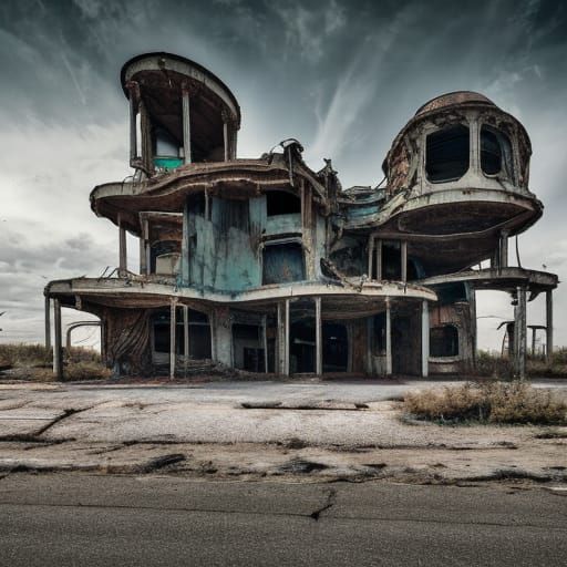 street view, otherworldly, eerie beautiful abandoned derelict intricate ...