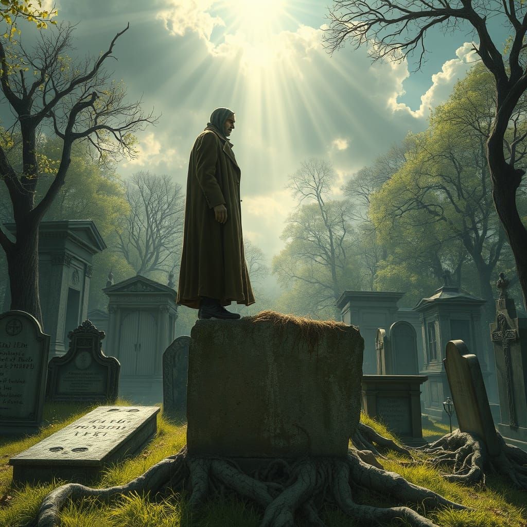 Judgment day. - Spectral Figure Stands Amidst Haunting Ceme...