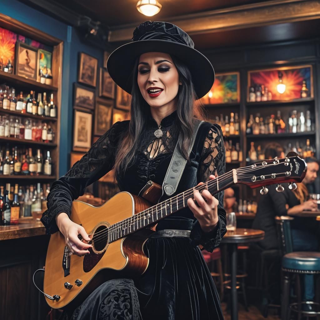 A beautiful gothic woman playing guitar and singing in a bar in ...