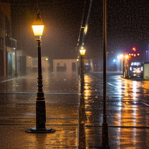 raining in a small American town with streetlights Professional ...