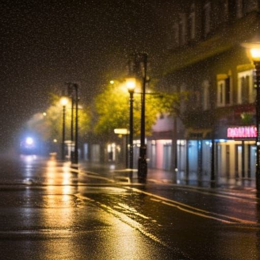 raining in a small American town with streetlights Professional ...