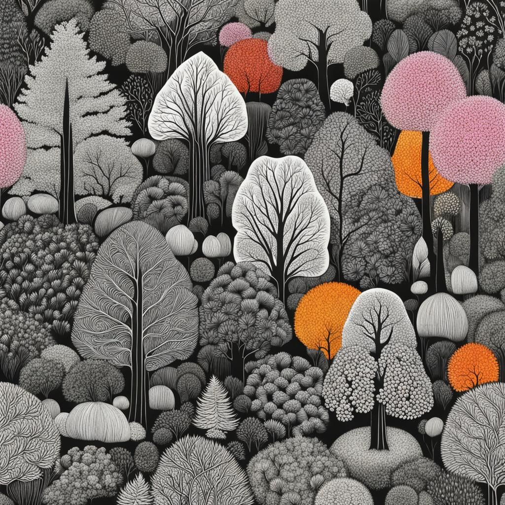 Picture an enchanted forest filled with trees and blossoms, intricately ...