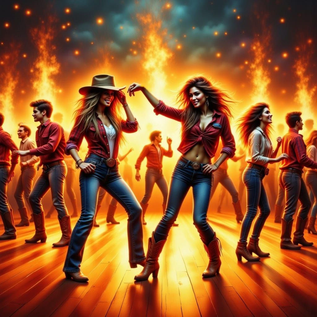 Women Line Dance Amidst Fiery Flames in a Western-... - AI Art
