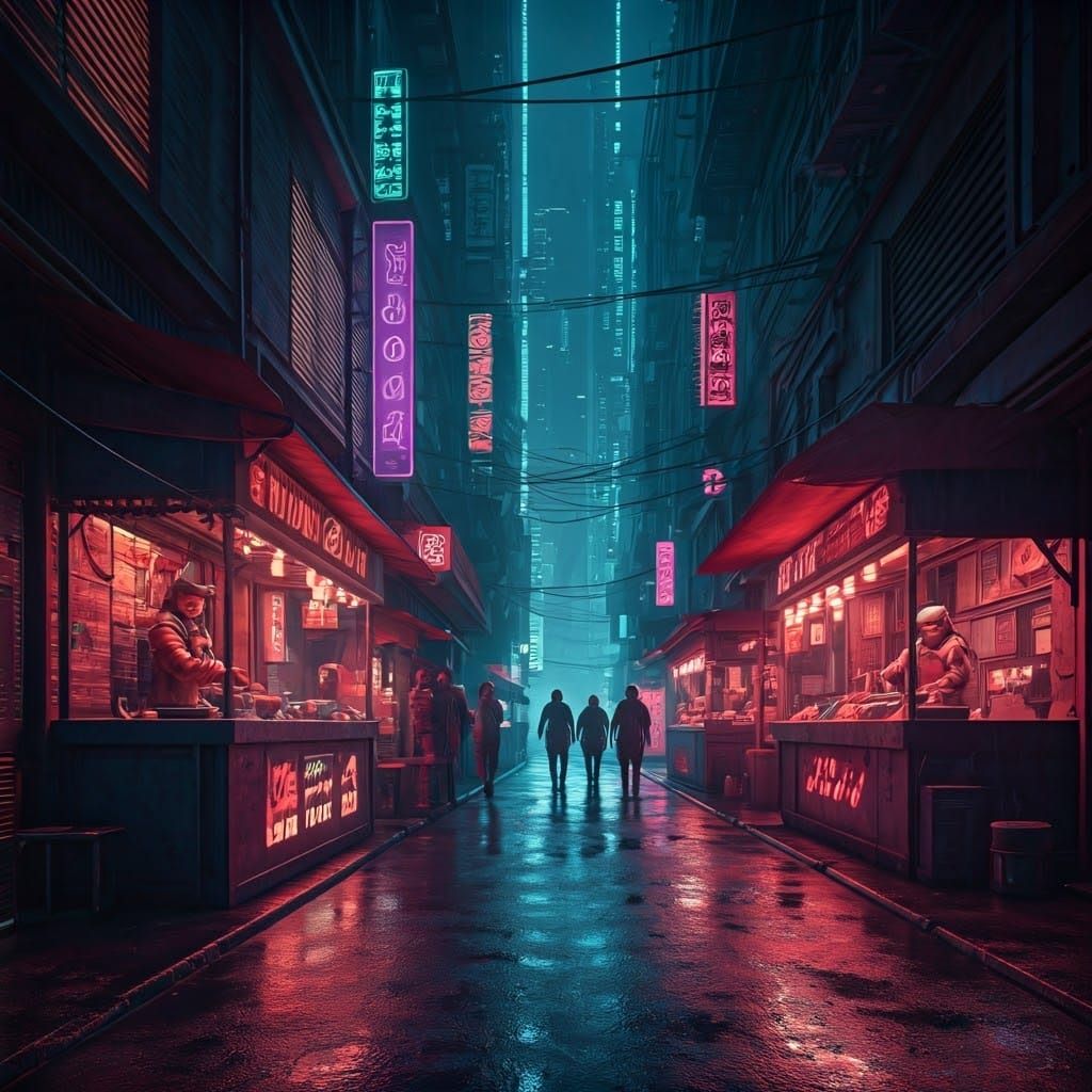 Cyberpunk Street Market in Dystopian Cityscape wit... - AI Art