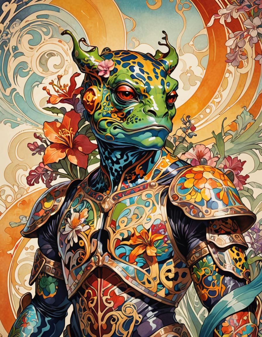 (Alphonse Mucha, colorful Digitalart nouveau painting of a fluid ...