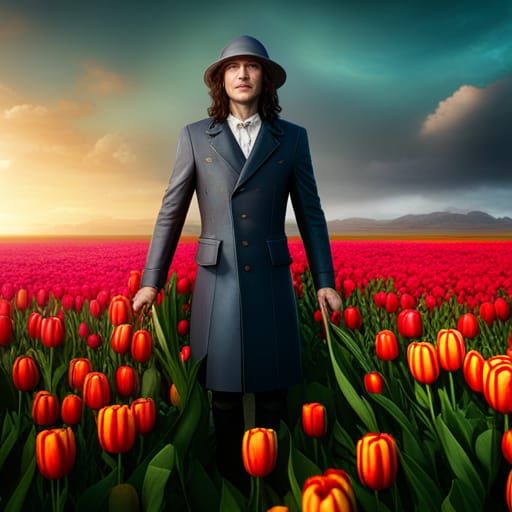 Tiny Tim in a field of tulips, - AI Generated Artwork - NightCafe Creator