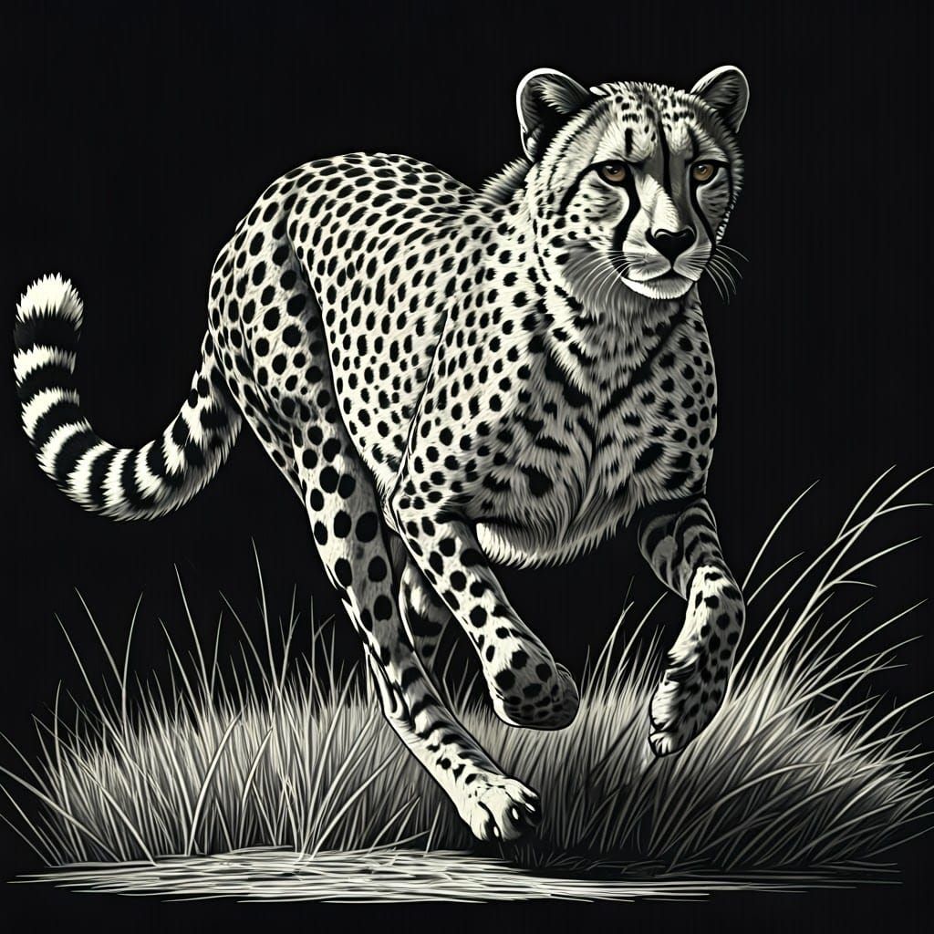 A highly detailed scratchboard engraving of a majestic cheetah in mid ...